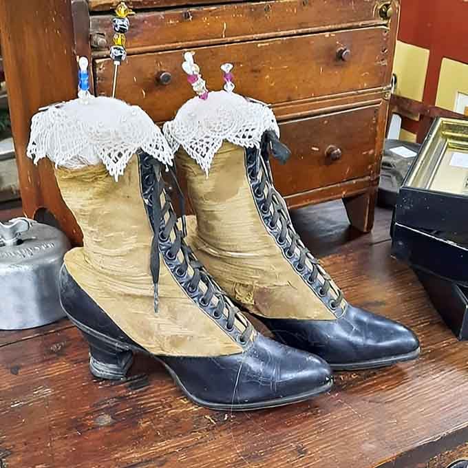 Victorian-era boots with intricate lacing remind us that getting dressed used to be a serious time commitment.