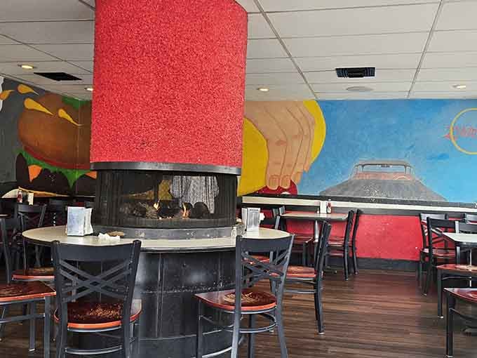 That red column anchors a space where retro charm meets modern appetites in the most delicious way possible.