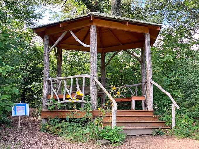 This gazebo serves as the perfect spot to rest your human-sized feet while contemplating the miniature world around you.