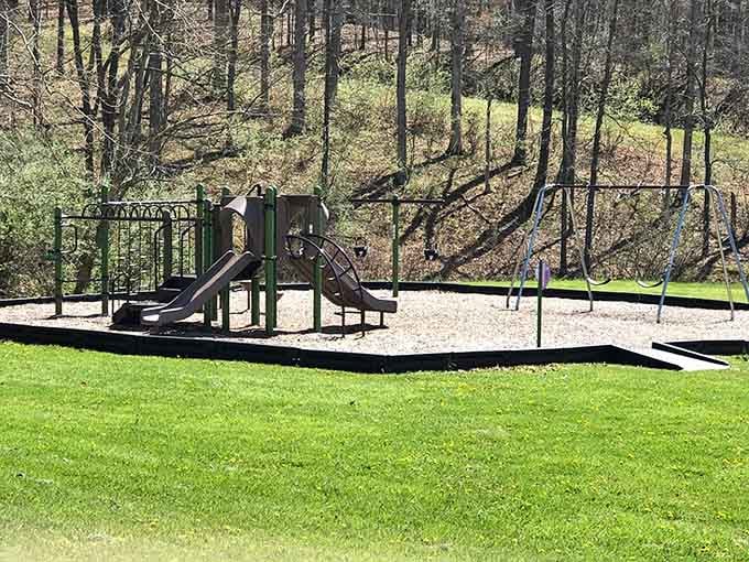 Swings and slides nestle among trees, giving kids their own forest playground while parents catch their breath.