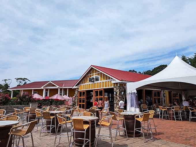 Outdoor seating under sunny skies and a cheerful red roof makes wine tasting feel like a proper celebration.