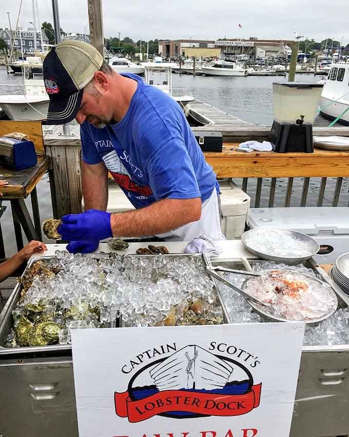 Fresh oysters on ice at a waterfront raw bar, because sometimes the best preparation is barely any preparation at all.
