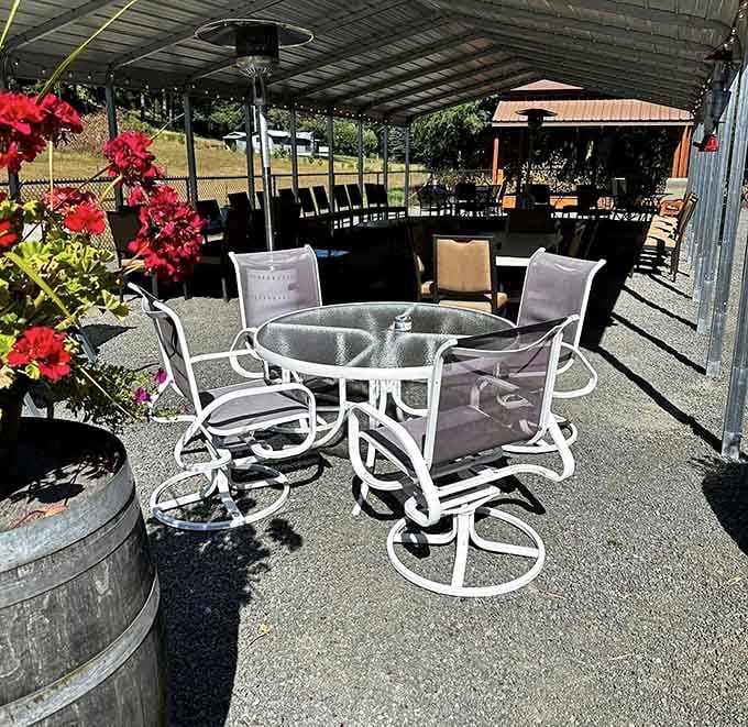 Outdoor seating under sunny skies with mountain views beats any fancy restaurant patio in the city, hands down.