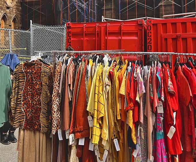Vintage clothing in sunset colors hangs ready to make your wardrobe infinitely more interesting than anything at the mall.