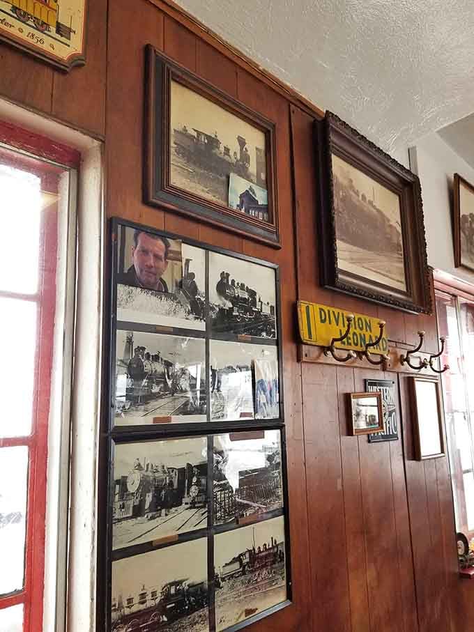 Vintage train photographs line the walls, each one telling stories of America's golden age of rail travel.