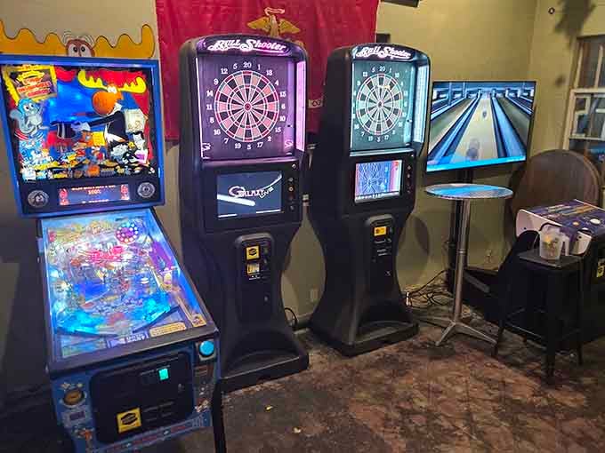 Pinball and darts provide entertainment while you contemplate whether finishing that tenderloin counts as cardio.
