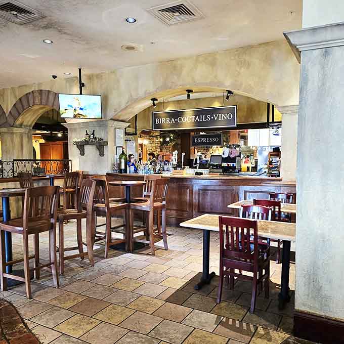 That warm lighting and tiled floors give off serious old-world charm without feeling stuffy or overdone at all.