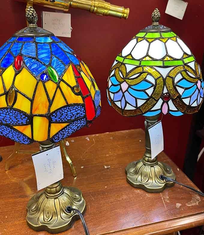 Tiffany-style lamps bringing stained glass magic to your reading nook, no cathedral membership required for this colorful glow.
