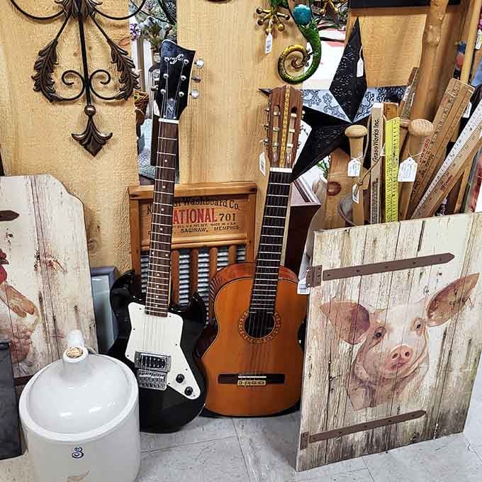 Vintage guitars and weathered wood create the perfect backdrop for your next Instagram masterpiece.