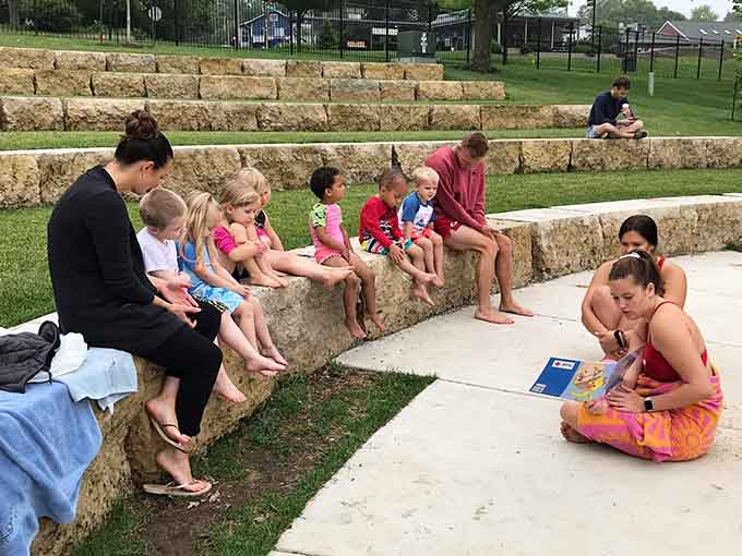 Stone amphitheater seating turns storytime into an event, proving parks can be both beautiful and brilliantly functional.