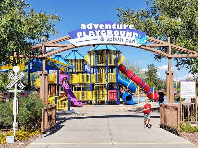 Because what's a train park without a playground? Kids need backup entertainment between locomotive loops, naturally.