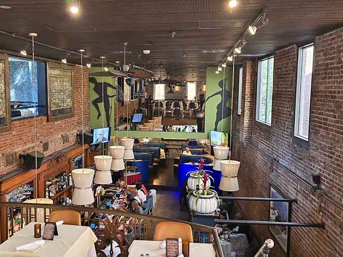 The upper level offers a bird's-eye view of the dining room, perfect for people-watching between bites of fried chicken.