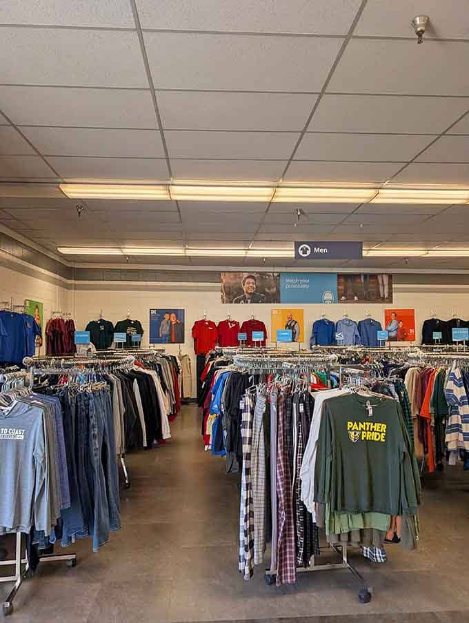 Men's clothing gets equal billing with organized racks that make shopping actually enjoyable instead of a chore.
