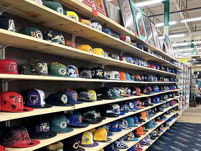 Sports caps lined up like a rainbow coalition of team loyalty, ready to declare your allegiance properly.