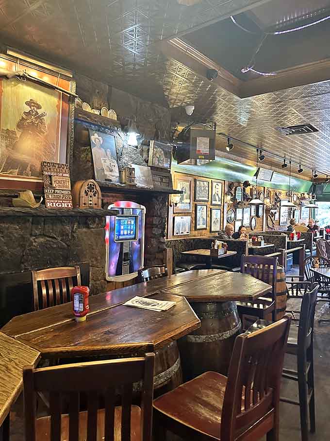 Tin ceiling catches the light just right, making every seat feel like the best table available tonight.