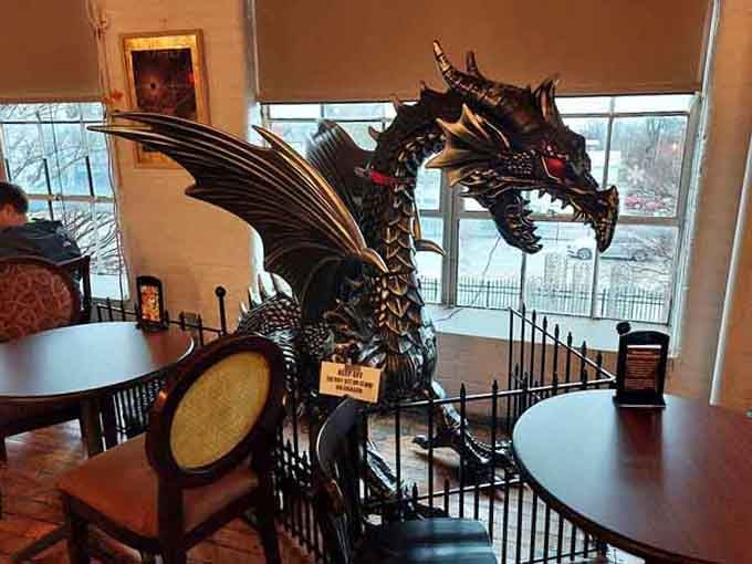 The dragon sculpture standing guard over the dining room is both impressive and oddly welcoming at once.