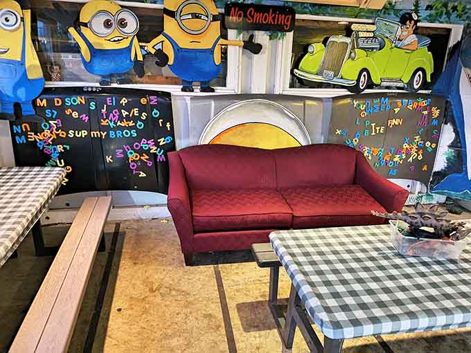 A cozy couch and Minions watching over your meal, because comfort comes in many forms.