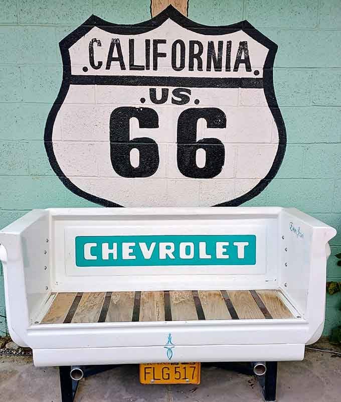 Even the bench outside is made from a vintage Chevrolet tailgate, because why not?