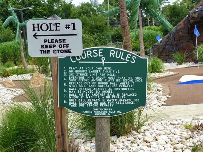 Course rules clearly posted, though "don't climb the rocks" seems like advice that shouldn't need stating.