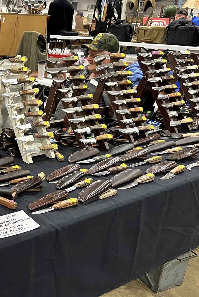 Handcrafted knives that would make any outdoorsman weep, displayed with more care than most museum exhibits you've seen.