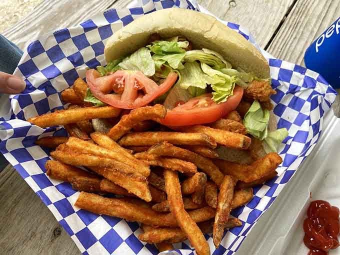 A shrimp po'boy this loaded should probably require a structural engineer's approval before you attempt to lift it.