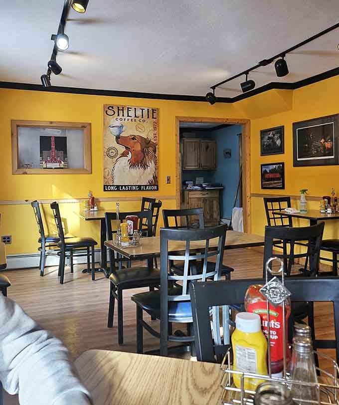 Vintage coffee advertisements and local artwork give this sunny dining room personality that chain restaurants can never replicate authentically.