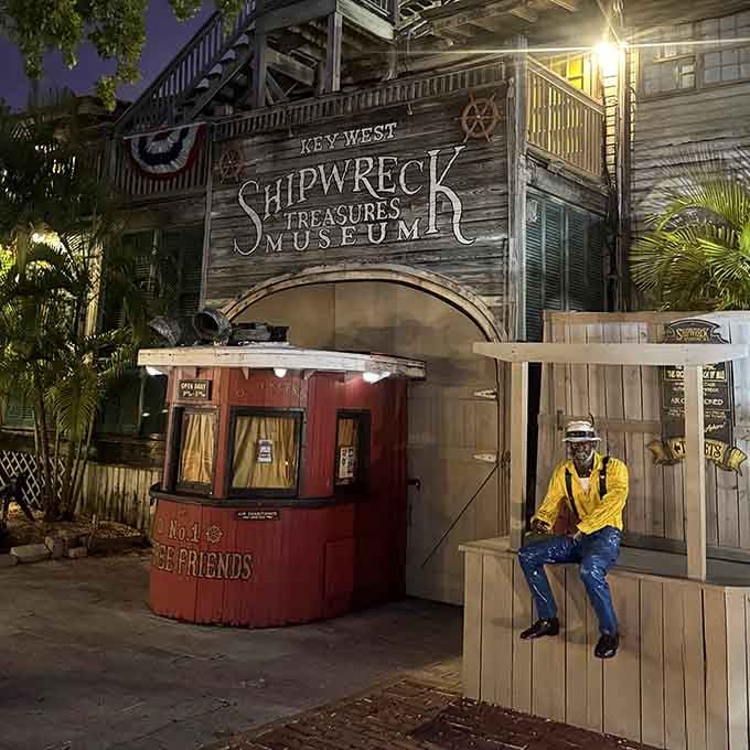 The Shipwreck Museum entrance promises adventures in salvage history, where fortunes were made from other people's maritime misfortunes.