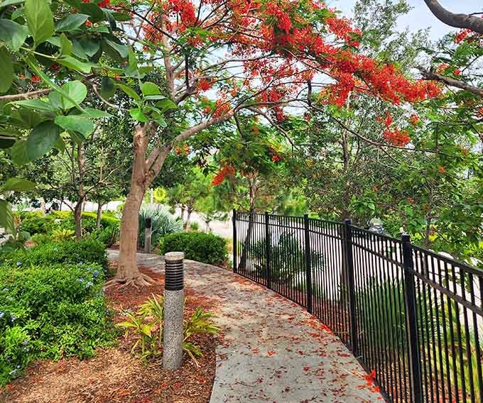 Shaded walkways wind through the area, offering parents a peaceful stroll while keeping eyes on their adventurous offspring.
