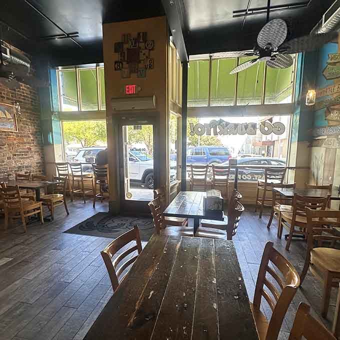 Sunlight streams through windows onto tables ready to host your epic battle with oversized burritos.