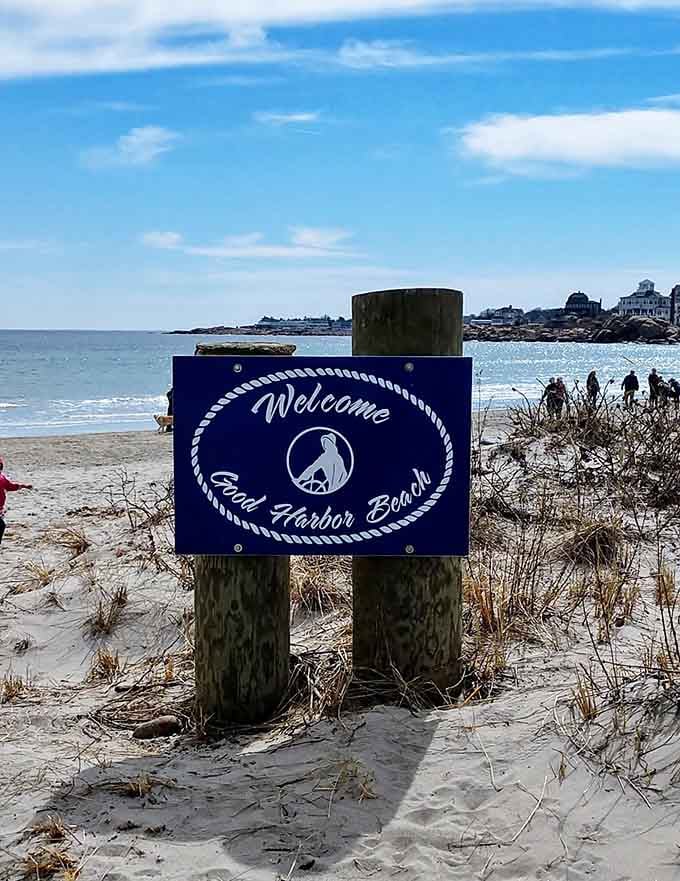 The welcome sign greets visitors with classic nautical charm, because sometimes simple beats fancy every single time.