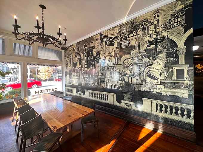 That stunning wall mural adds artistic flair to your dining experience, giving you something to admire between bites of chicken.
