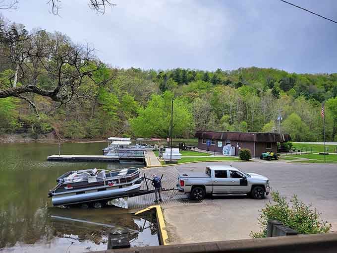 Boats lined up at the launch like they're waiting for their turn to explore every cove.
