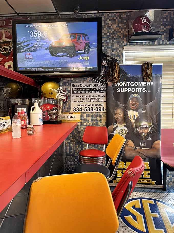 College football on the screen, memorabilia on the walls, and breakfast on the counter equals Alabama perfection.