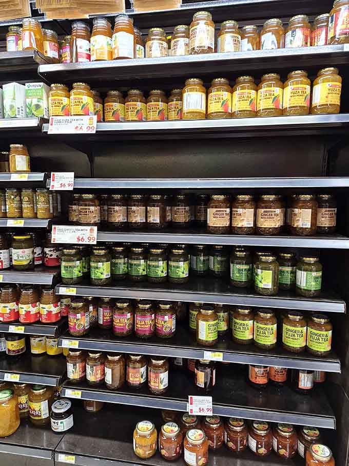 Jars of tea, spreads, and condiments create a wall of possibilities for transforming your everyday cooking routine.