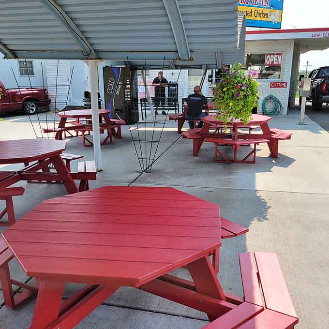 Covered seating means you can enjoy your meal rain or shine, because nothing stops broasted chicken season here.
