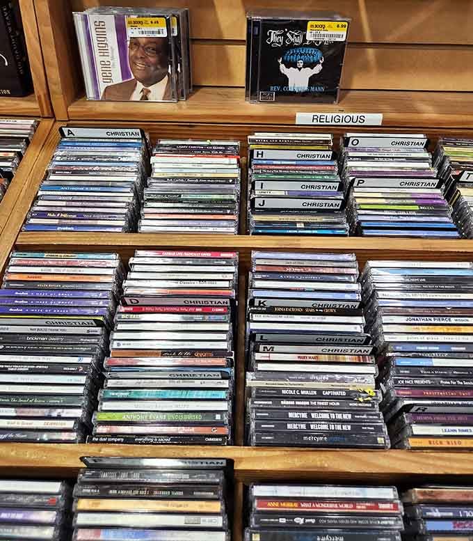 Music CDs organized by genre prove physical media still has devoted fans who appreciate tangible collections.