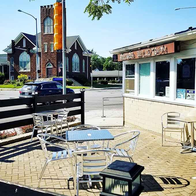 Outdoor seating lets you contemplate your burger choices while enjoying the Elmhurst street scene unfolding.