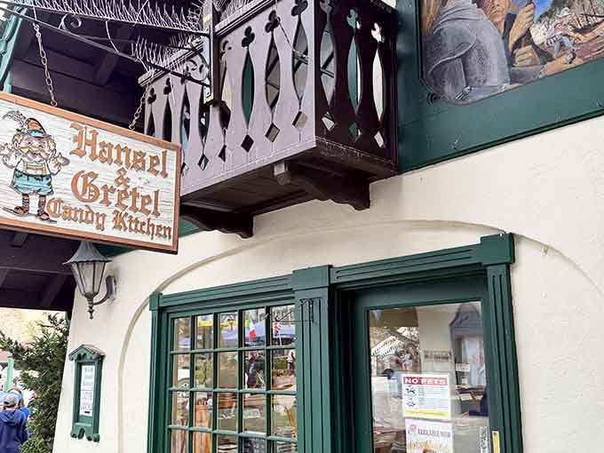 Ornate balconies and arched doorways signal a candy shop where sweetness comes wrapped in Old World charm.
