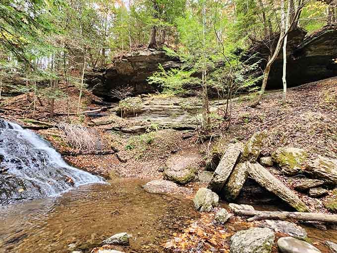 Ancient rock ledges create natural steps, each layer a page in Pennsylvania's geological history book here.