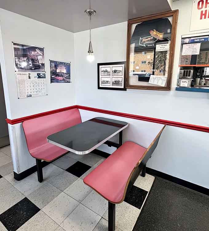 Cozy corner booths perfect for settling in with your hot dog and watching the world pass by outside.