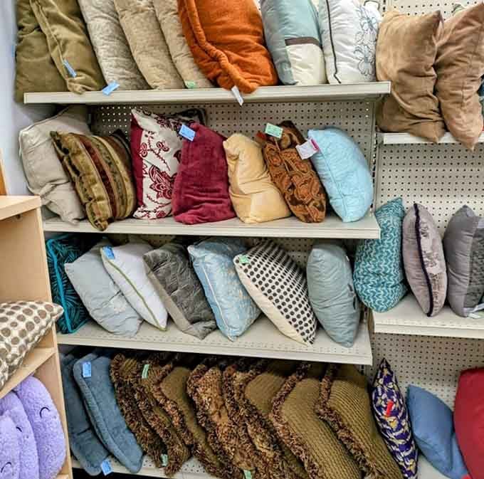 Pillows stacked in patterns and colors that interior designers charge hundreds to recommend finding.