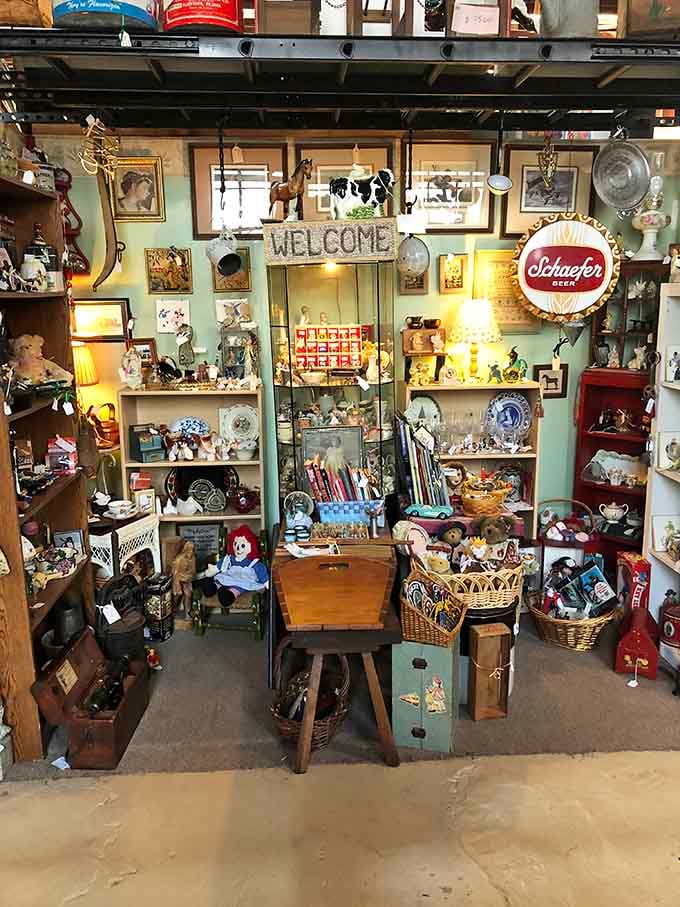 This booth's eclectic welcome mat greets visitors to a curated chaos that somehow makes perfect visual sense together.