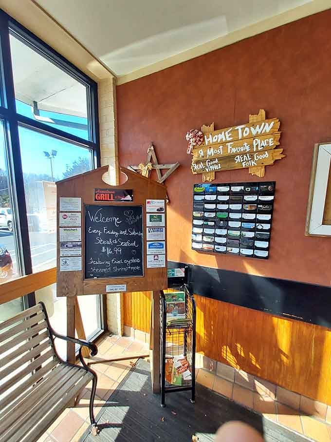 The wooden welcome sign and chalkboard specials give off serious small-town charm that big chains can't replicate or buy.