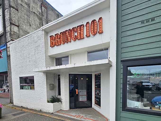 Brunch 101's retro signage lights up the street, because breakfast deserves this kind of enthusiastic announcement.
