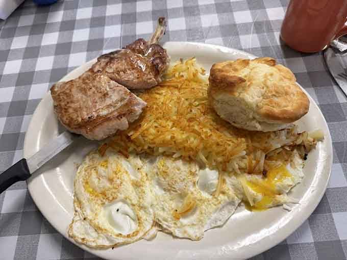 That pork chop breakfast with eggs and hash browns is what happens when someone asks, "Why can't we have this?"