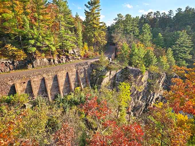 Historic stonework bridges the gap between Wisconsin and Minnesota, sharing natural beauty across state lines.