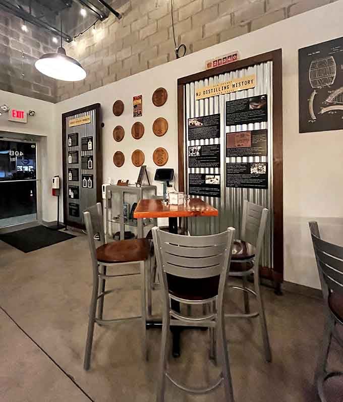 Cozy corner seating with distilling history on the walls makes learning about spirits feel like a privilege.