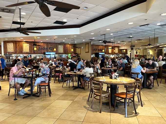 A packed dining room full of people who clearly know where the good breakfast lives.