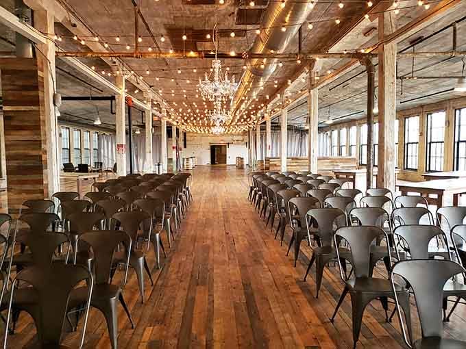 This event space proves that exposed brick and string lights can make any occasion feel like a celebration.