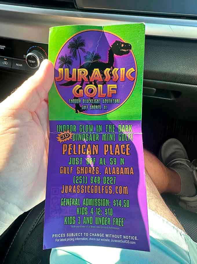 Colorful Jurassic Golf brochure promises glowing mini golf fun, dinosaurs, and family-friendly adventure in Gulf Shores, making it a playful stop.
